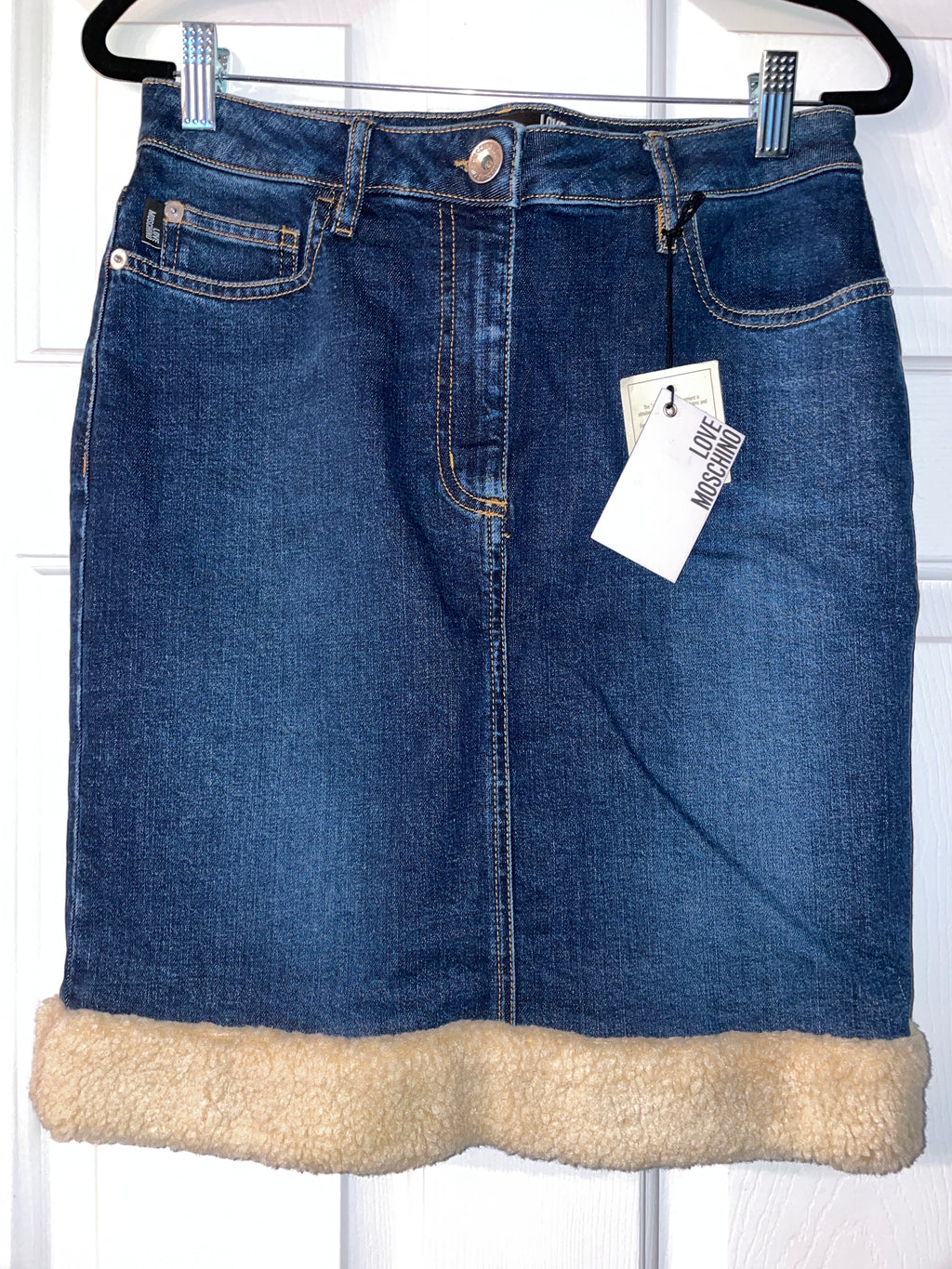 Moschino Stretch Denim Shearling Skirt | The Vault by Sacha